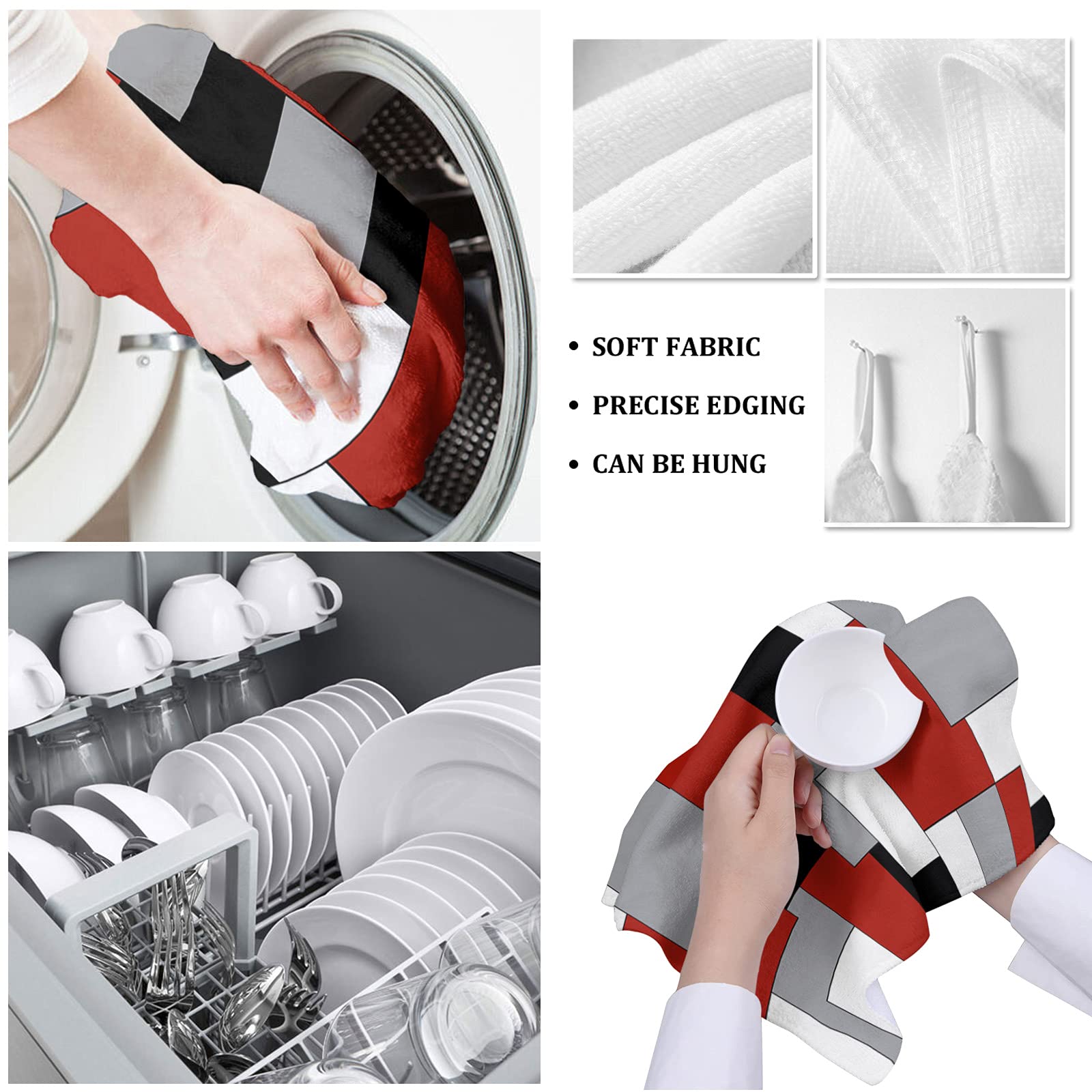 Cotton Kitchen Towels Super Soft Absorbent Kitchen Dish Towels for Drying Dishes/Hand/Tea/Bar Towels White Grey Black Red Abstract Irregular Geometric Cleaning Kitchen Towels 2 Pack, 18x28 Inch