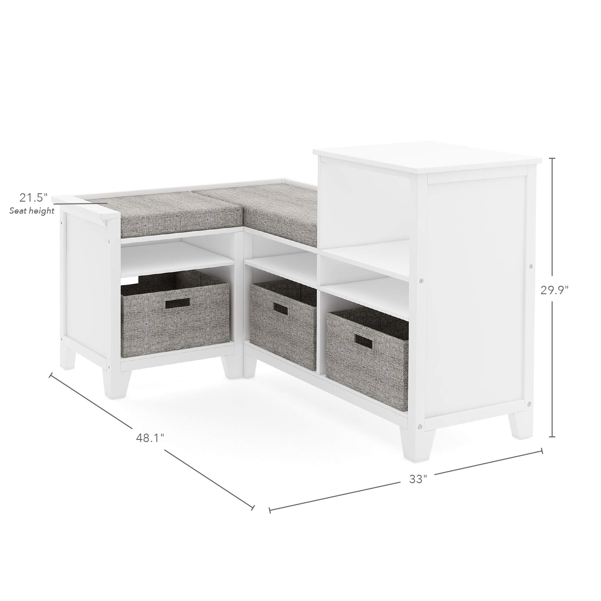 Martha Stewart Kids' Corner Nook - Creamy White: Wooden Storage Bench Bookcase Organizer with Seat Cushion and Fabric Bins for Reading in Bedroom or Playroom