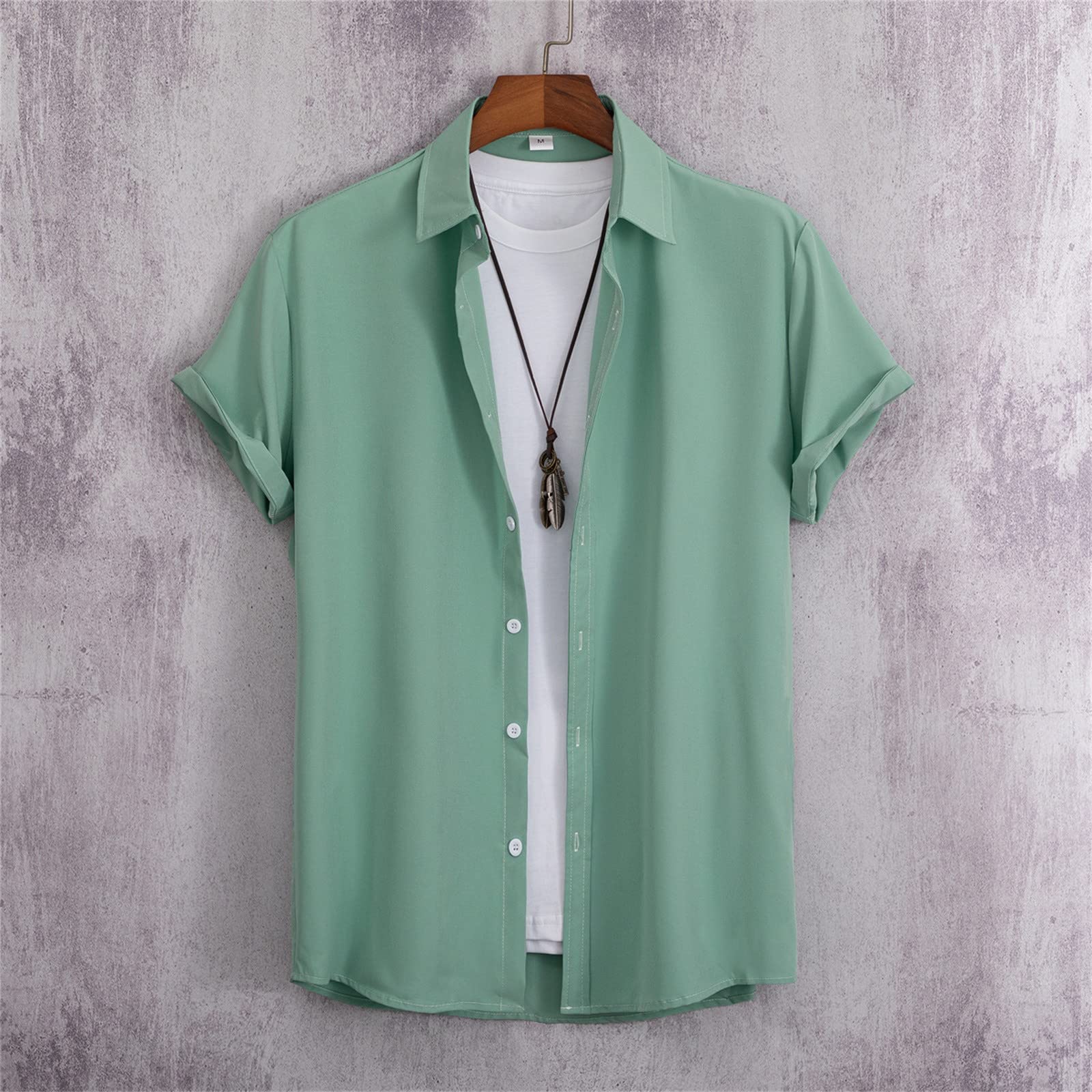 Casual Men's Loose Lapel Short Sleeve Cuff Button Solid Color Shirt Beach Hawaiian Summer Top Mint Green