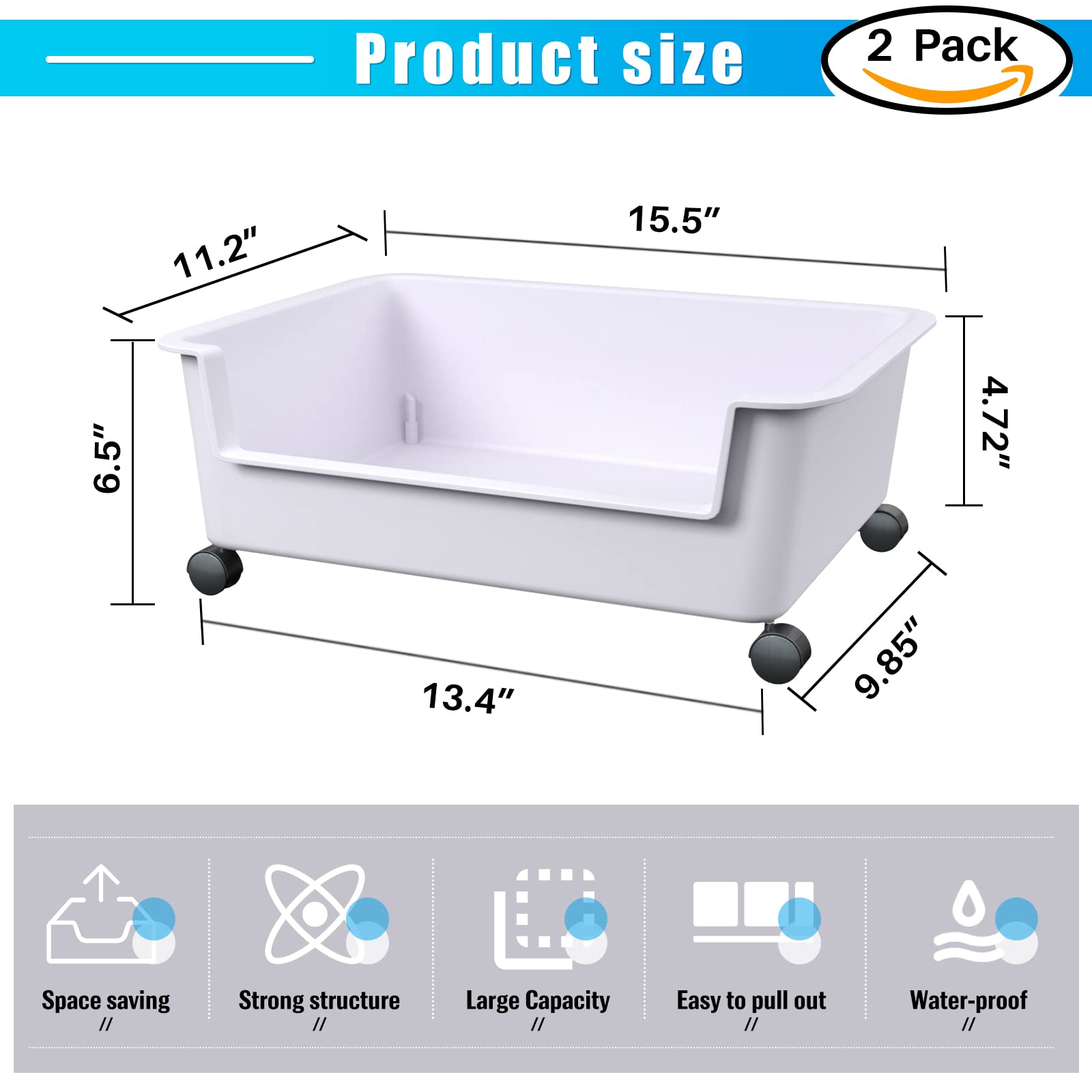 caktraie 2 Pack Under Bed Storage, Under Bed Toy Storage with Wheels, Multi-Purpose Under Bed Storage Carts for Bedroom, No Assembly Required Bedroom Storage Organizer for Toys, 15.5" L x 11.2" W