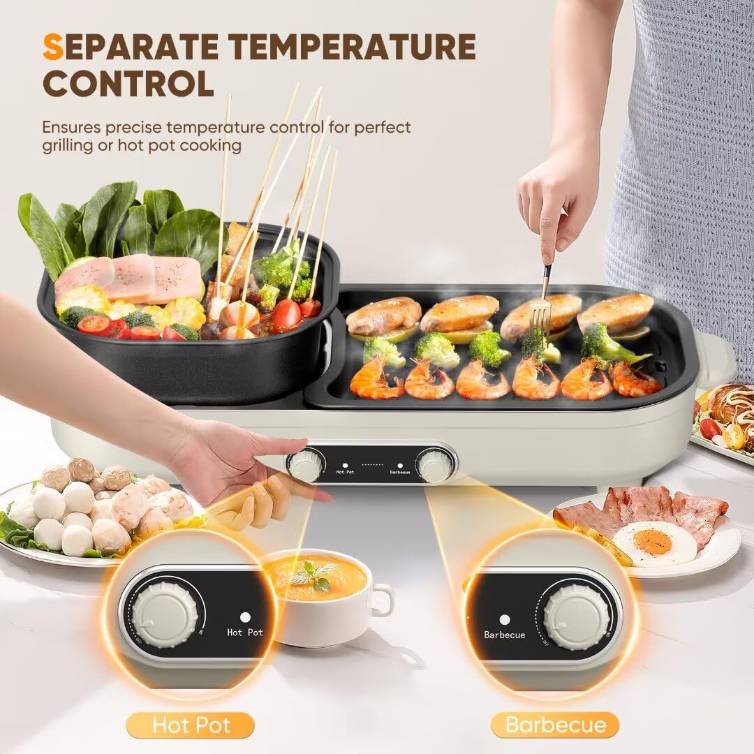 Hot Pot Electric with Grill - Korean BBQ Grill Indoor and Shabu Shabu Pot, Removable Hotpot Pot & KBBQ Grill,- Non-Stick, Adjustable Temperature, Family Size