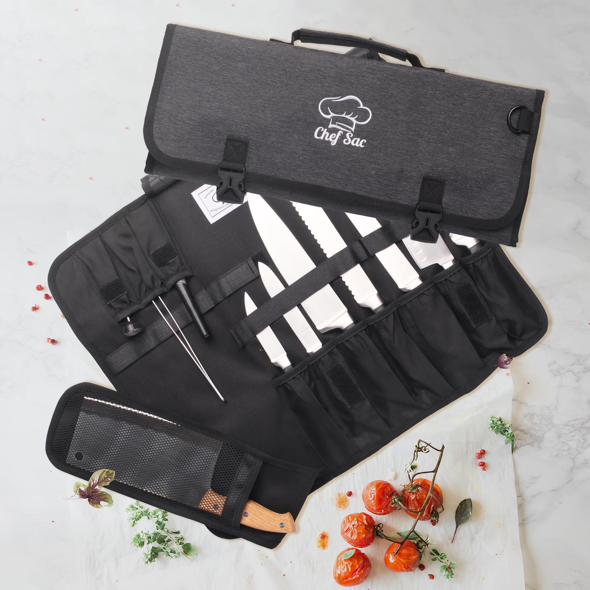 Chef Knife Roll Bag | 8+ Slots for Knives & Kitchen Tools | Water Resistant Knife Bag | Knife Carrying Case Only, Tools Not Included | Chef Knife Bag for Professional Chefs & Culinary Students (Blue)