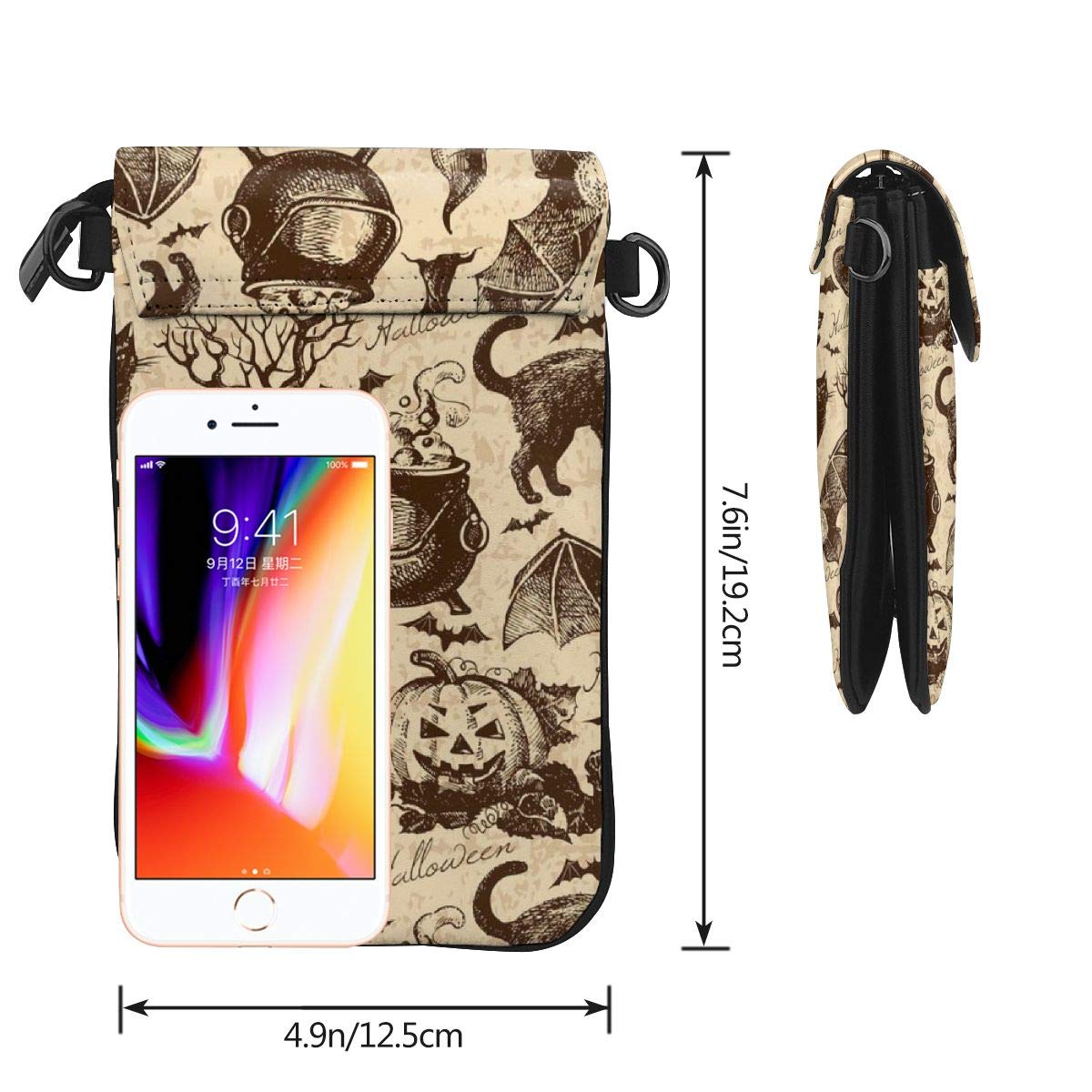 Perfect Gift - Stylish Cat Bat Pumpkin Party Pattern Cell Phone Purse Wallet Big Pocket Small Crossbody Bags Adjustable Shoulder Strap Cellphone Pouch With Card Slots