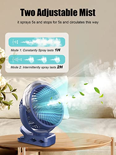 FRIZCOL Clip on Fan with Misting - 6000mAh Portable Fan with Light & Hook - Rechargeable Fan Battery Powered Up to 40 Hours Cooling & 2h Misting for Travel, Office, Desk