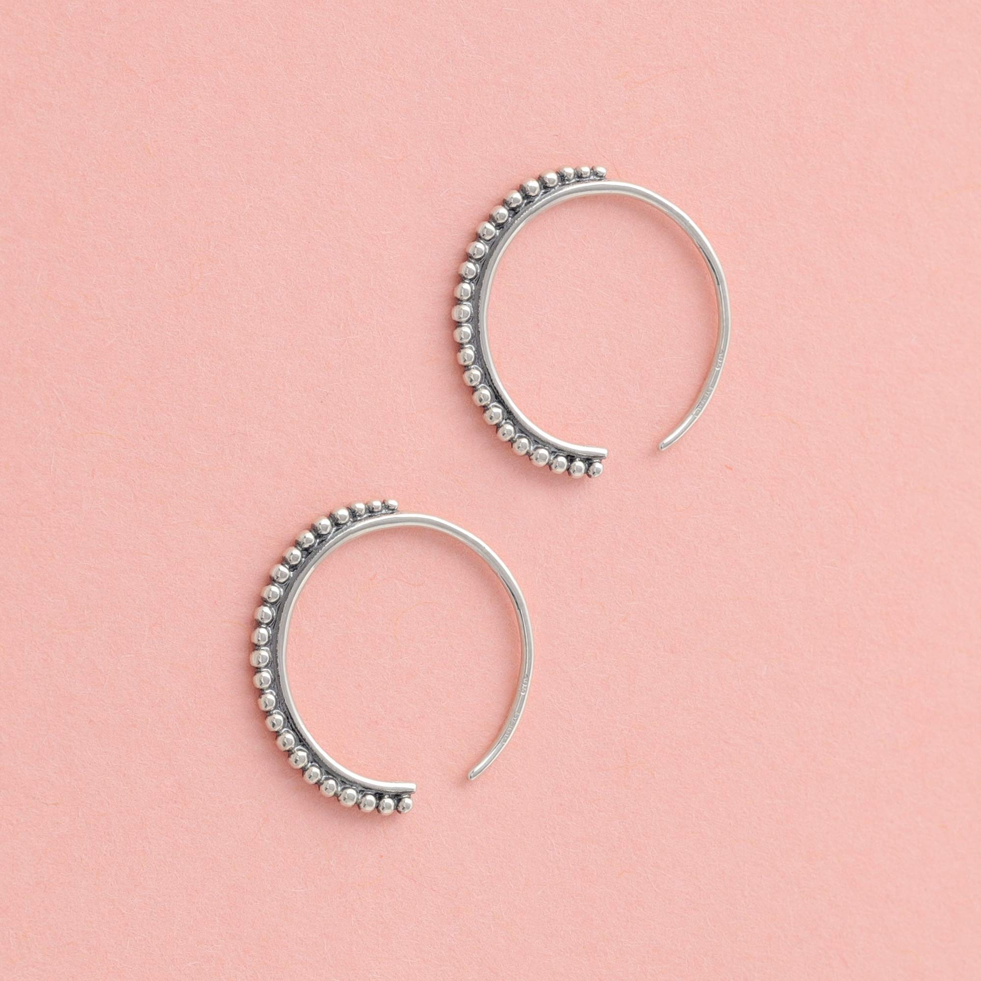 Boma Jewelry Sterling Silver Bali Style Boho Oxidized Beaded Texture Pull Through Hoop Earrings
