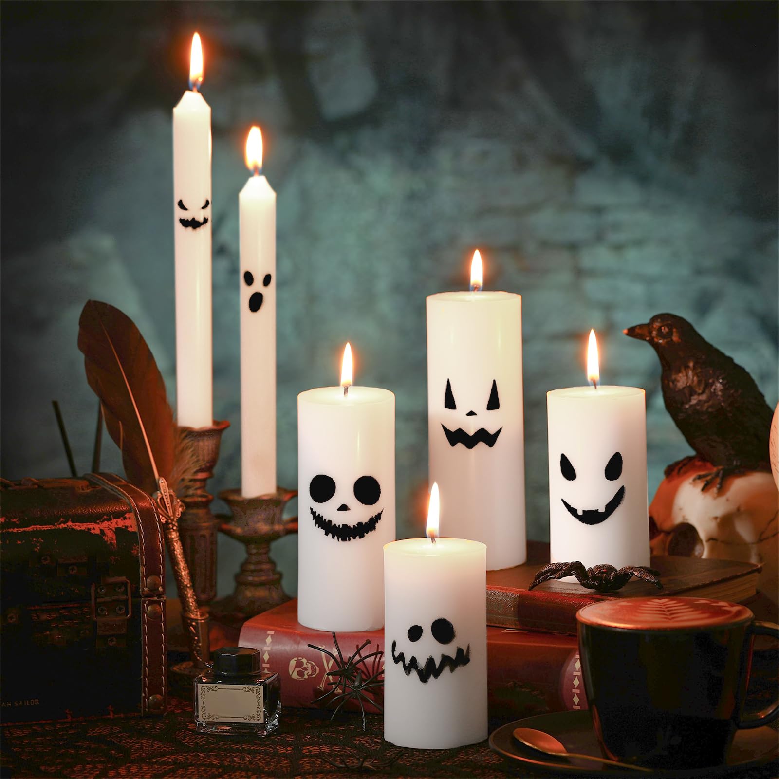 Conelist 6 Pcs Halloween Ghost Candles White Spooky Candles Halloween Pillar Candles Ghost Decor Decorative Burning Candles for Halloween Party Dining Table Decorations