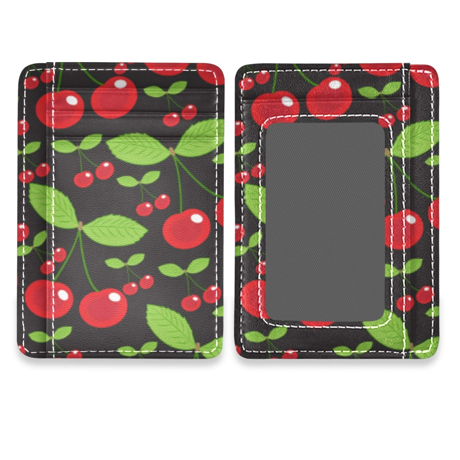 Linomo Thin leather Card Holder and Money Clip Red Cherry Pattern Wallet RFID Blocking for Men & Women