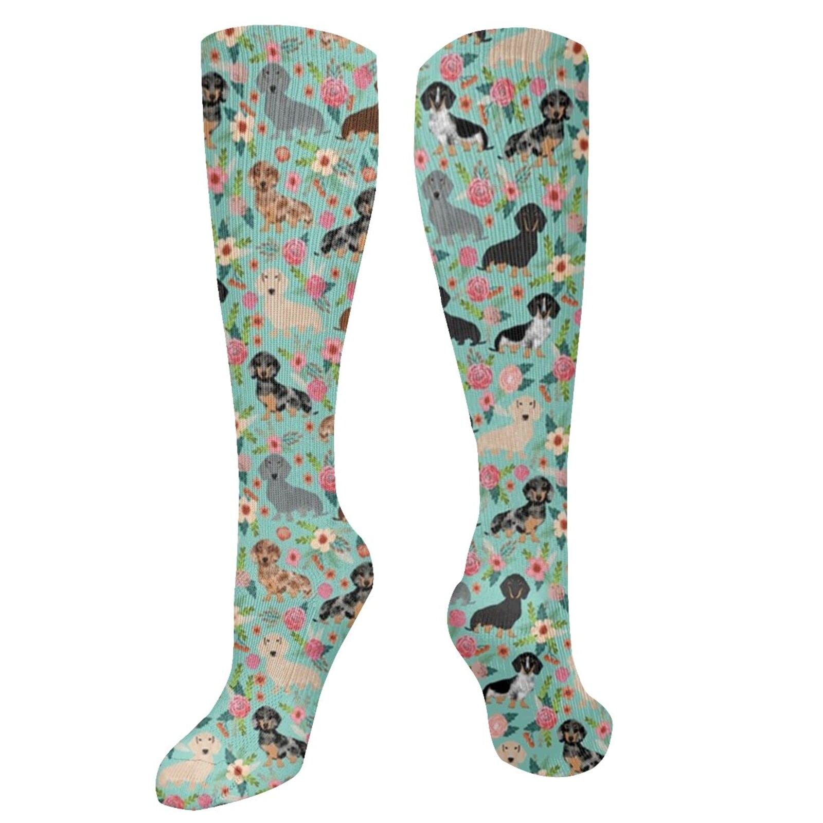 chegna Dachshunds Florals Compression Socks for Women & Men Circulation 15-20 mmHg is Best Support for Athletic Running Cycling, White, 10463
