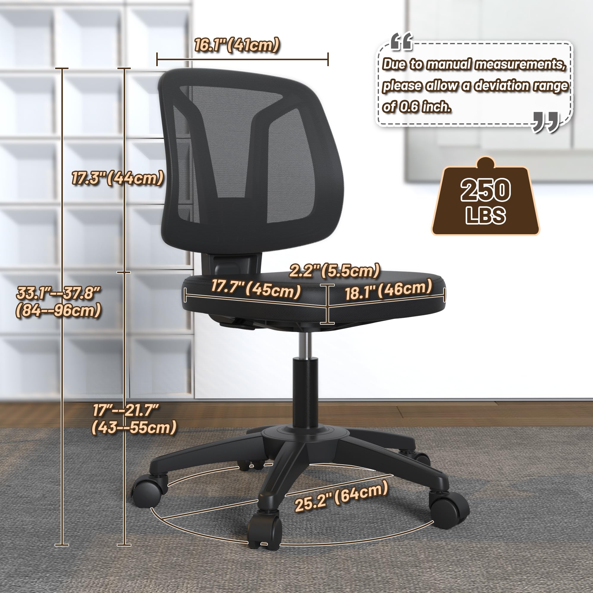 TTD TIANTIANDA Armless Swivel Mesh Computer Office Desk Chair Height Adjustable with Lumber Support for Small Spaces, Black