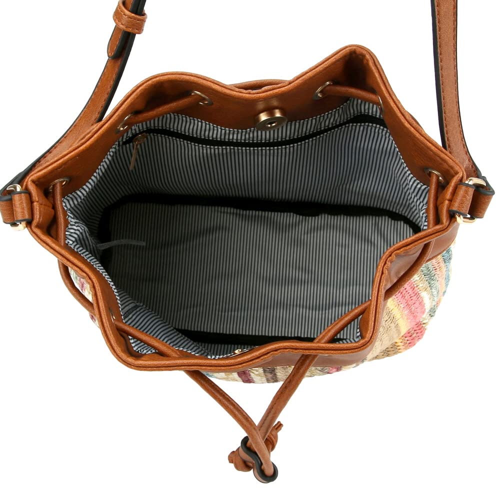 Boho Vegan Leather Multicolor Faux Straw Bucket Shoulder Bag Hobo Tote Crossbody Purse (Multicolored Straw Bucket - Multi2)