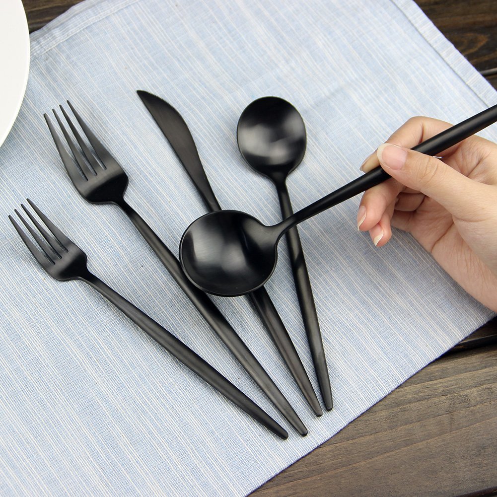 Black Flatware Set, Luxury 20 Pieces 18/10 Stainless Steel Steak Knife and Spoon Fork Silverware Set, Service for 4 (6 sets, Matte Black and Gold Flatware set)