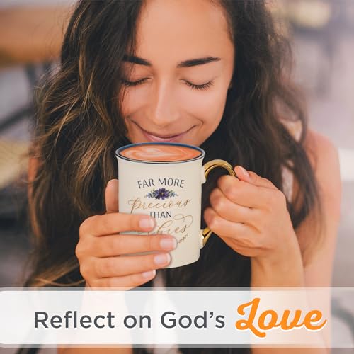 Christian Art Gifts Ceramic Coffee & Tea Mug for Women 12 oz Navy Blue Floral w/Gold Accents Inspirational Bible Verse Mug -More Precious than Rubies - Proverbs 3:15 Lead-free Scripture Cup