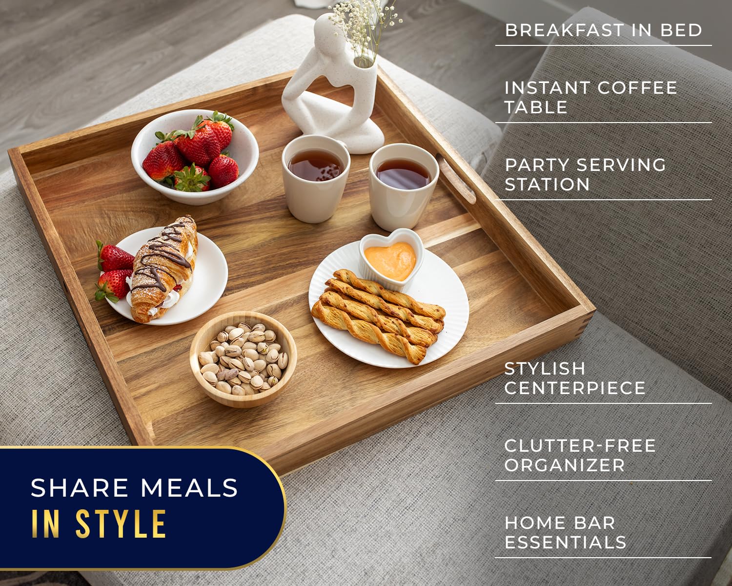 Extra Large (22") Square Premium Acacia Wood Ottoman Tray with Handles - Use for Serving Food in Style for Dinner, Breakfast, Snacks, BBQ, Entertaining Guests & More