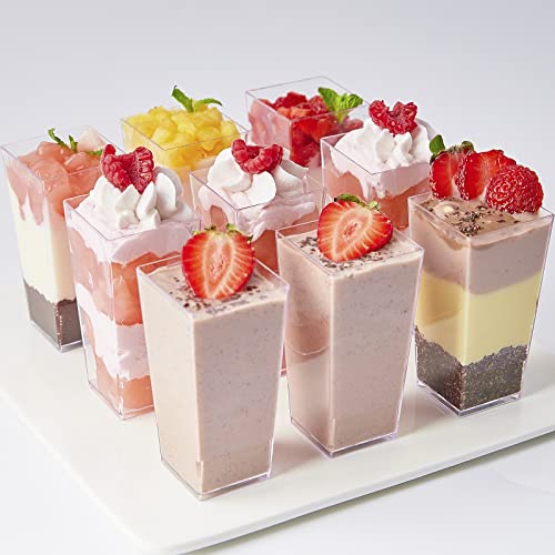 TOFLEN 50 Pack 3 oz Mini Dessert Cups with Spoons, Square Tall Clear Plastic Dessert Shooters Party Serving Tumbler Cups for Parfait Appetizers & Dessert Shot Glasses