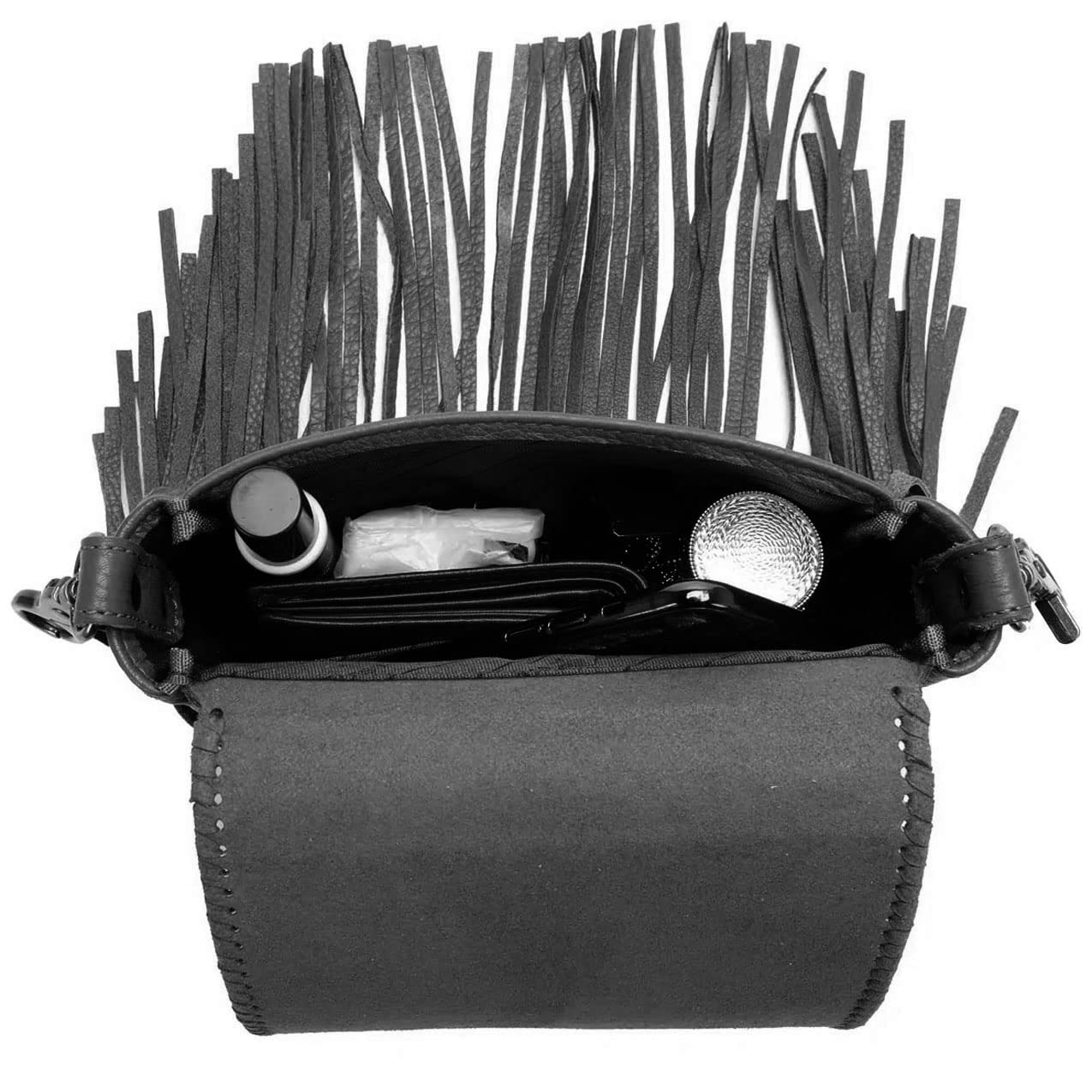 Montana West Handcrafted Leather Convertible Clutch Crossbody Handbag Biker Bag w Fringe (Black Studded w Buckle)