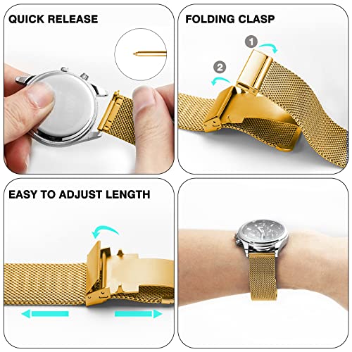 JIEANTE Stainless Steel Mesh Watch Band for Mens Women, Quick Release Mesh Watch Straps 18mm 20mm 22mm 24mm (20mm Gold)