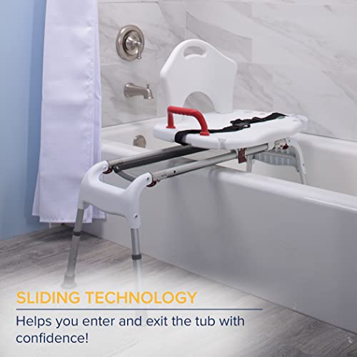Drive Medical RTL12075 Adjustable Height Sliding Bathtub Transfer Bench Shower Chair with Armrests and Seatbelt, 300 Pound Weight Capacity, White