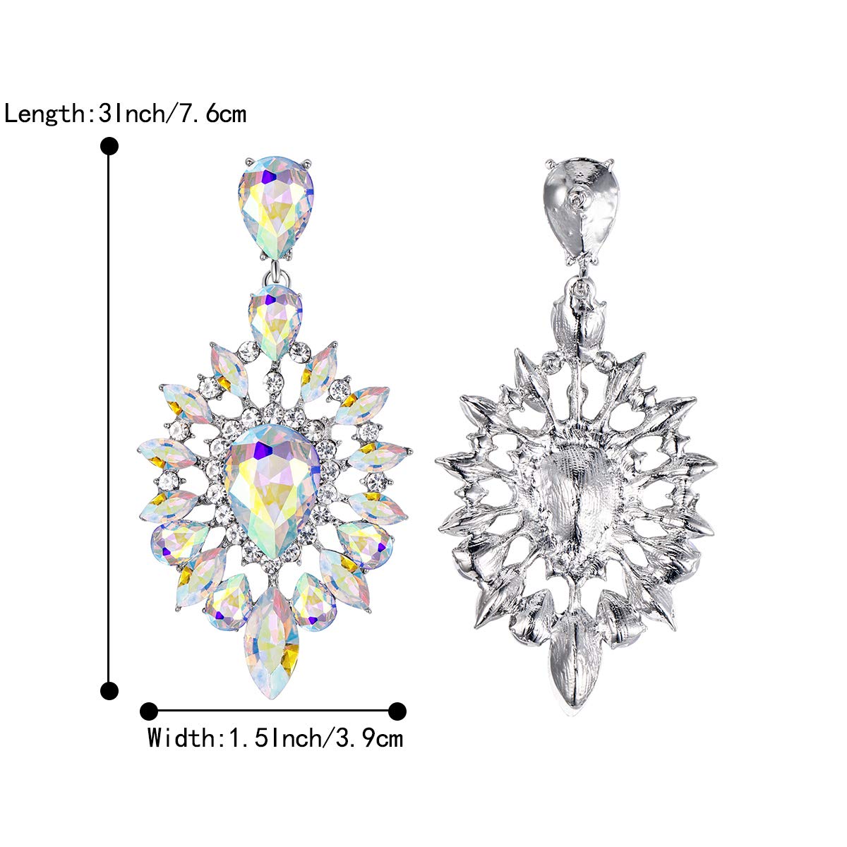 BriLove Fashion Trendy Statement Earrings for Women Crystal Teardrop Halo Chandelier Dangle Earrings Iridescent Clear AB Silver-Tone
