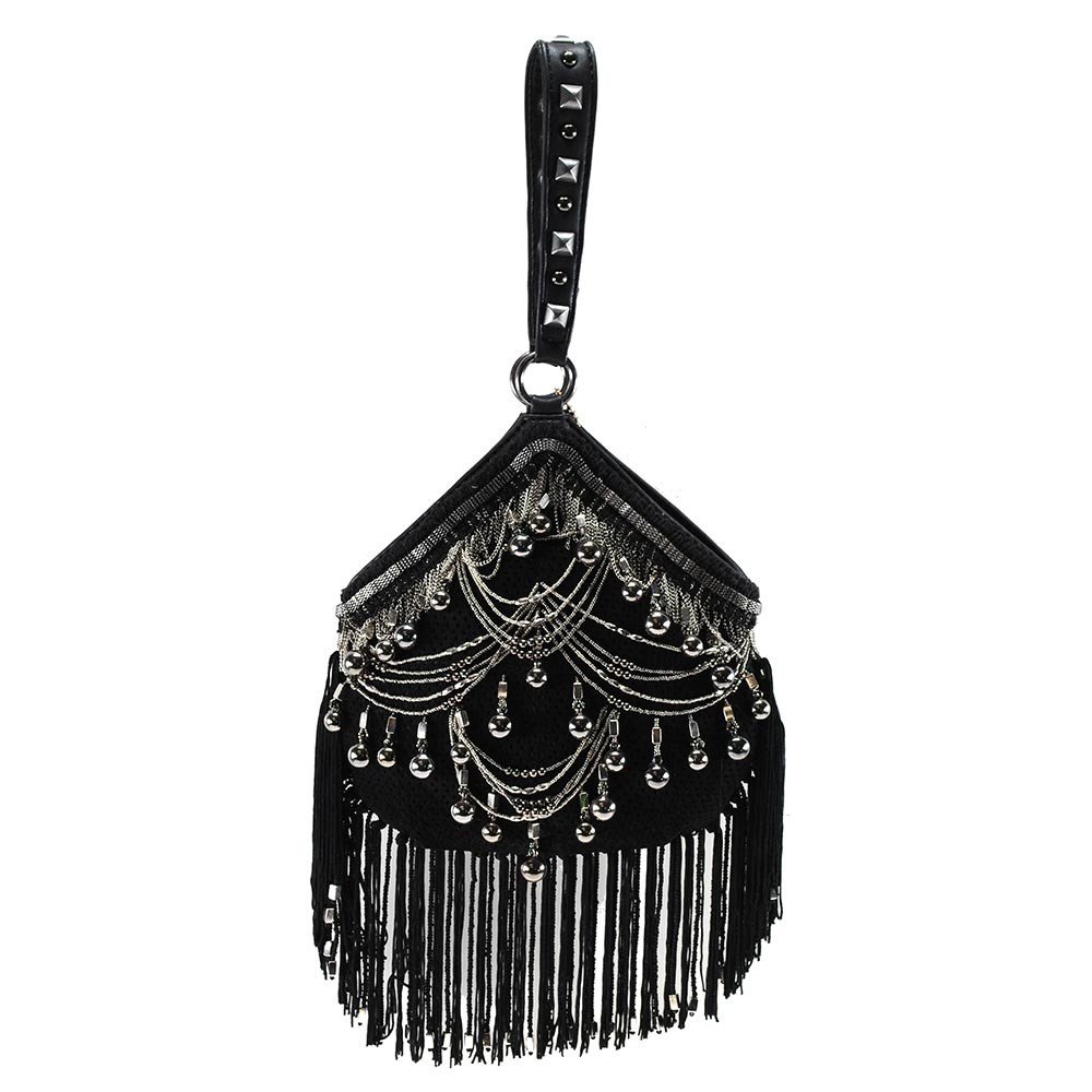 Mary Frances Swag Embellished Leather Wristlet Handbag, Black