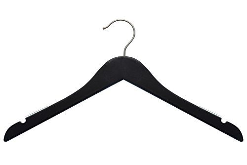 NAHANCO 20217 17” Flat Wooden Top Hanger with Notches, Brushed Chrome Hook, Black (Pack of 100)