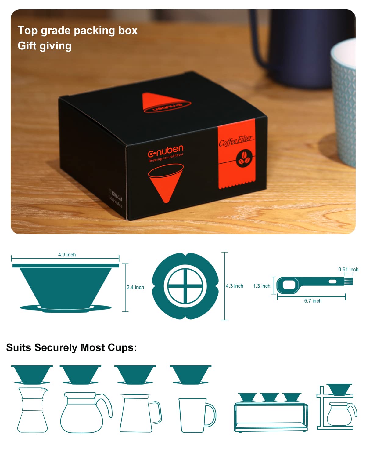 Cnuben Coffee Dripper Cone,Without Filter Stainless Steel Reusable Pour Over Coffee Filter 1-3 Cup Paperless Metal Cone , Cnuben W60