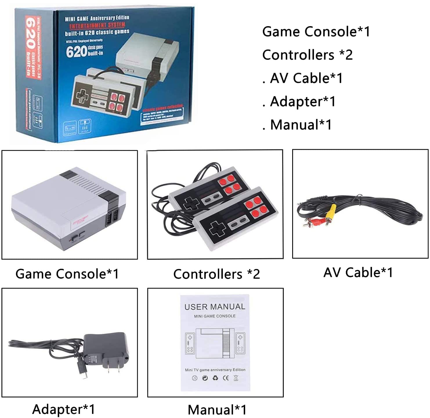 Classic Retro Game Console, Retro Mini Video Game System Built-in 620 Old-School Games, 8-Bit Video Game System with 2 Classic Controllers