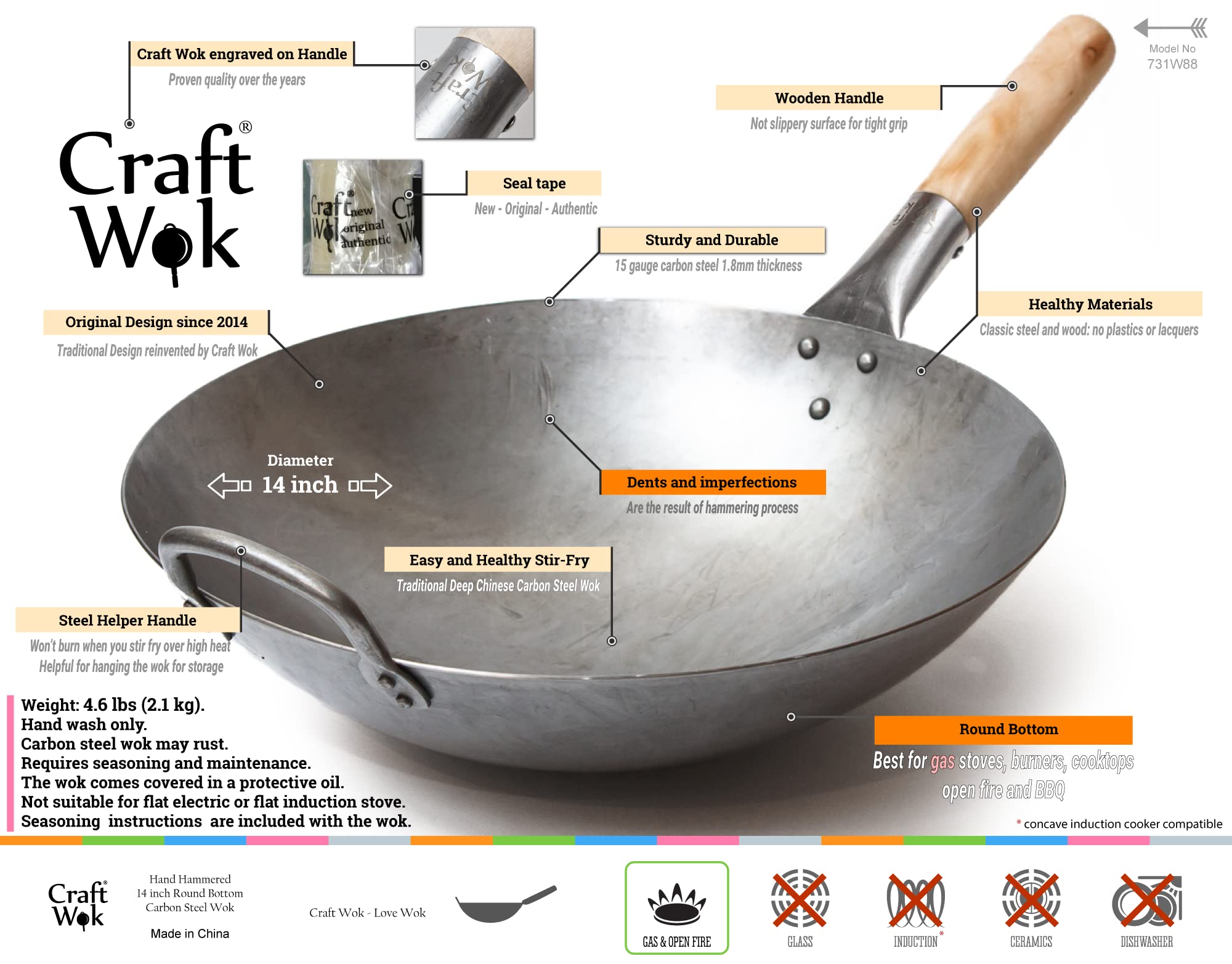 Craft Wok Traditional Hand Hammered Carbon Steel Pow Wok with Wooden and Steel Helper Handle (14 Inch, Round Bottom) / 731W88