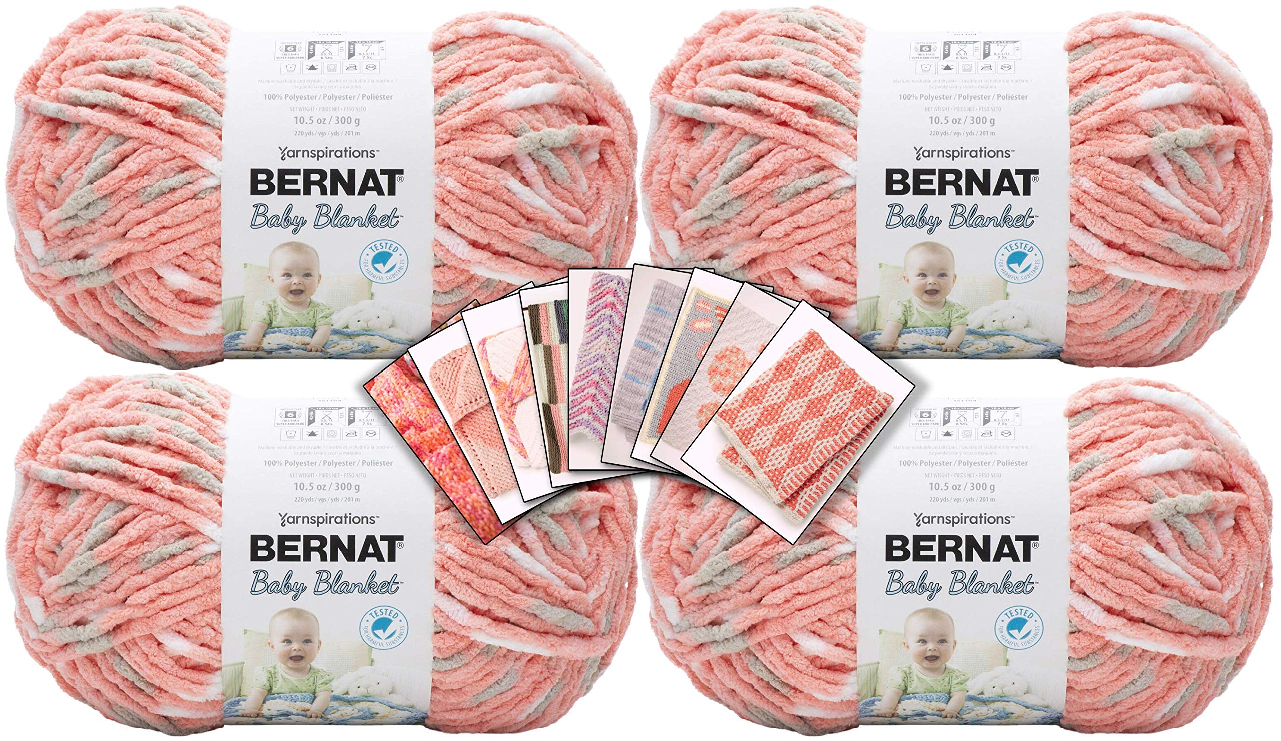 Bernat Baby Blanket Yarn - Big Ball (10.5 oz) - 4 Pack with Pattern Cards in Color (Shell Pink Clouds)
