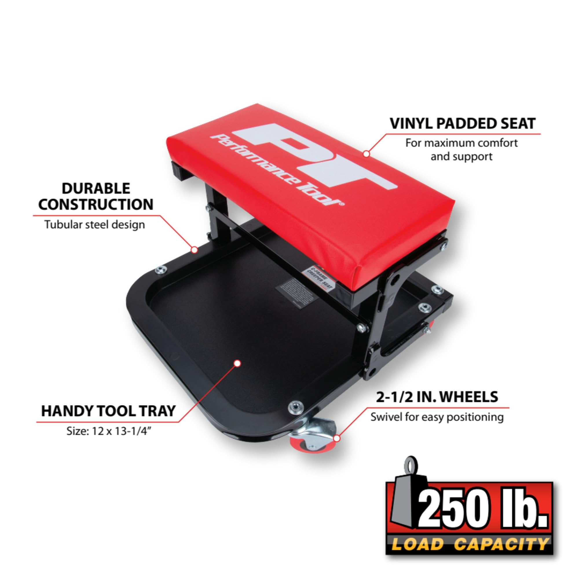 Performance Tool W85021 Folding C-Frame Creeper Rolling Work Seat with Tool Tray for Mechanic Garages and Workshops, Black/Red, 12.5-inch Height