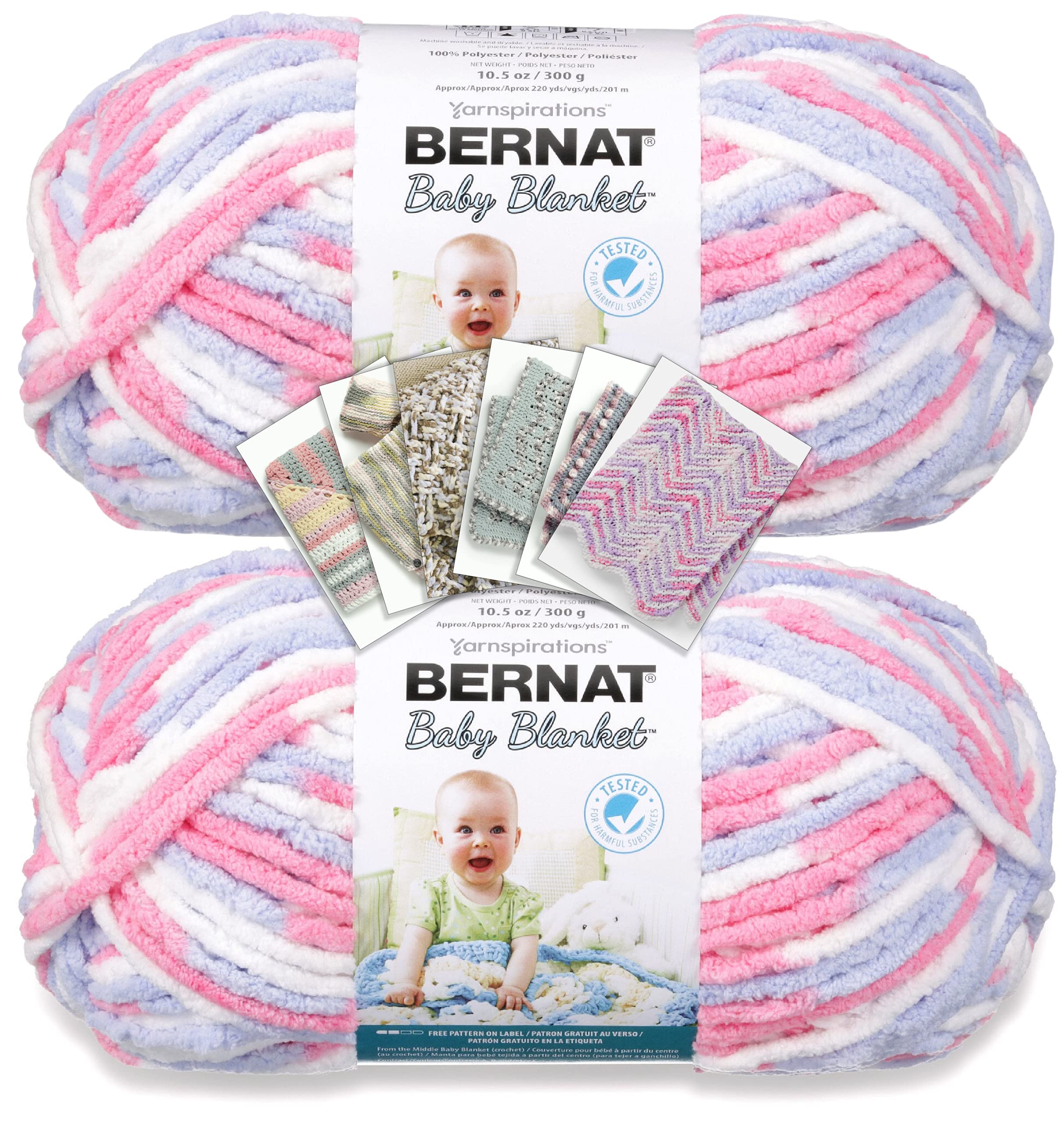 Bernat Baby Blanket Yarn - Big Ball (10.5 oz) - 2 Pack with Pattern Cards in Color (Pink/Blue Ombre)