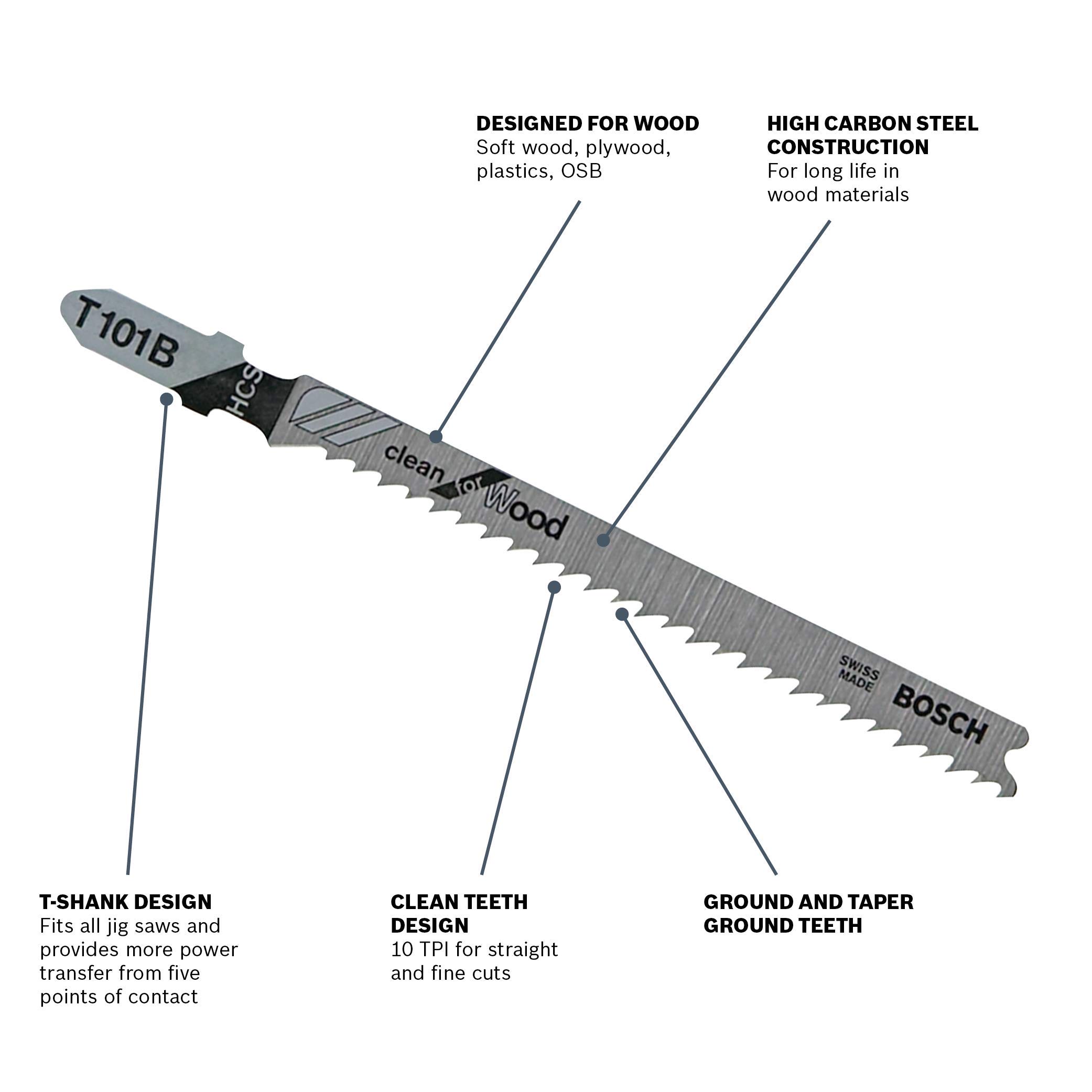 Bosch T101B3 3-Piece 4 In. 10V TPI Clean Wood Cutting T-Shank Jig Saw Blades