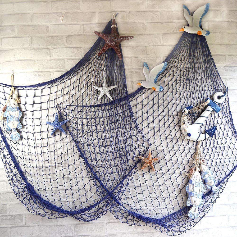 Qesonoo Cotton Fishing Net Decorative 79 Inch Beach Themed Decor Home Bedroom Party Wall Decoration Fish Netting Decorative (Blue)