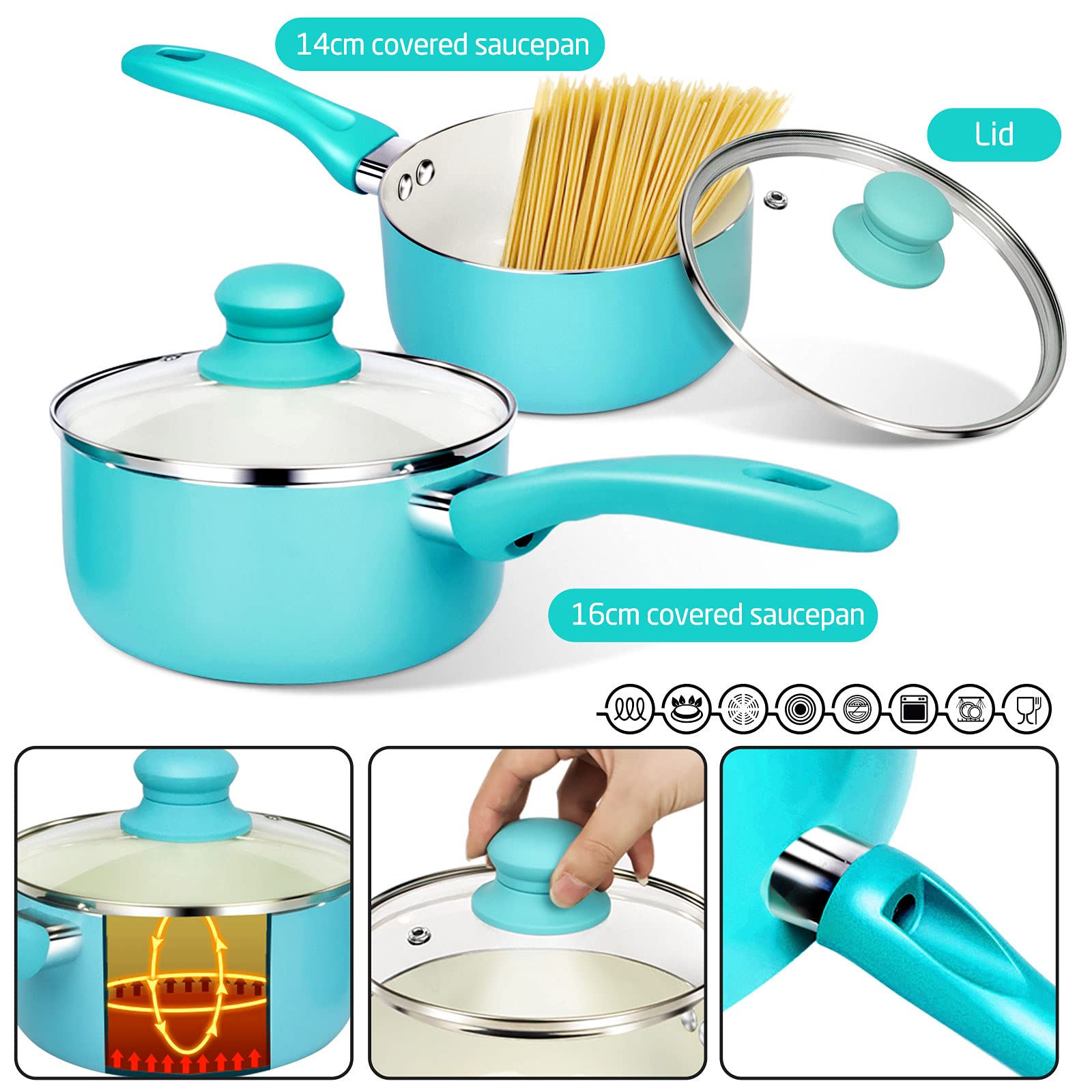 Masthome 16 Piece Ceramic Nonstick Cookware Set,Soft Grip Healthy Pots and Pans Set with Lids and Utensils for Kitchen,PFAS-Free, Dishwasher Safe-Tiffany Blue Extra Spoons and Silicone Spatula Set