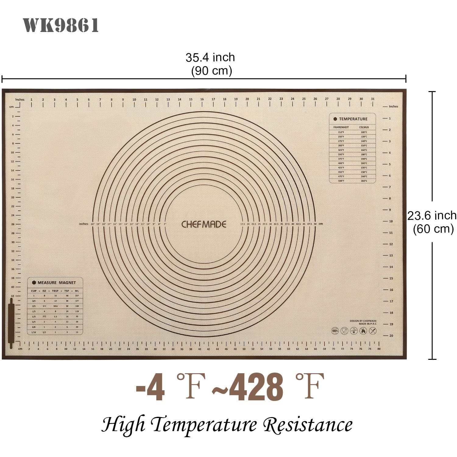 CHEFMADE Silicone Baking Mat, 36" x 24" Extra Thick Large Non-Stick Sheet Mat with Measurement | Non-Slip Reusable Food Grade Flexible Dishwasher Safe|Making,Cookies,Macarons,Bread,Pastry and Pizza