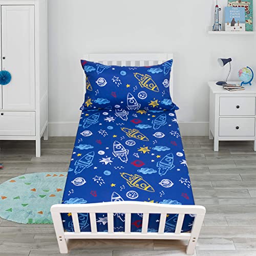 Cloele 2 Piece Toddler Sheet Set - Rocket Kids Toddler Bedding Set - Includes Fitted Sheet and Reversible Pillowcase - Polyester Breathable Soft Baby Bedding Sheet & Pillowcase Set for Boys