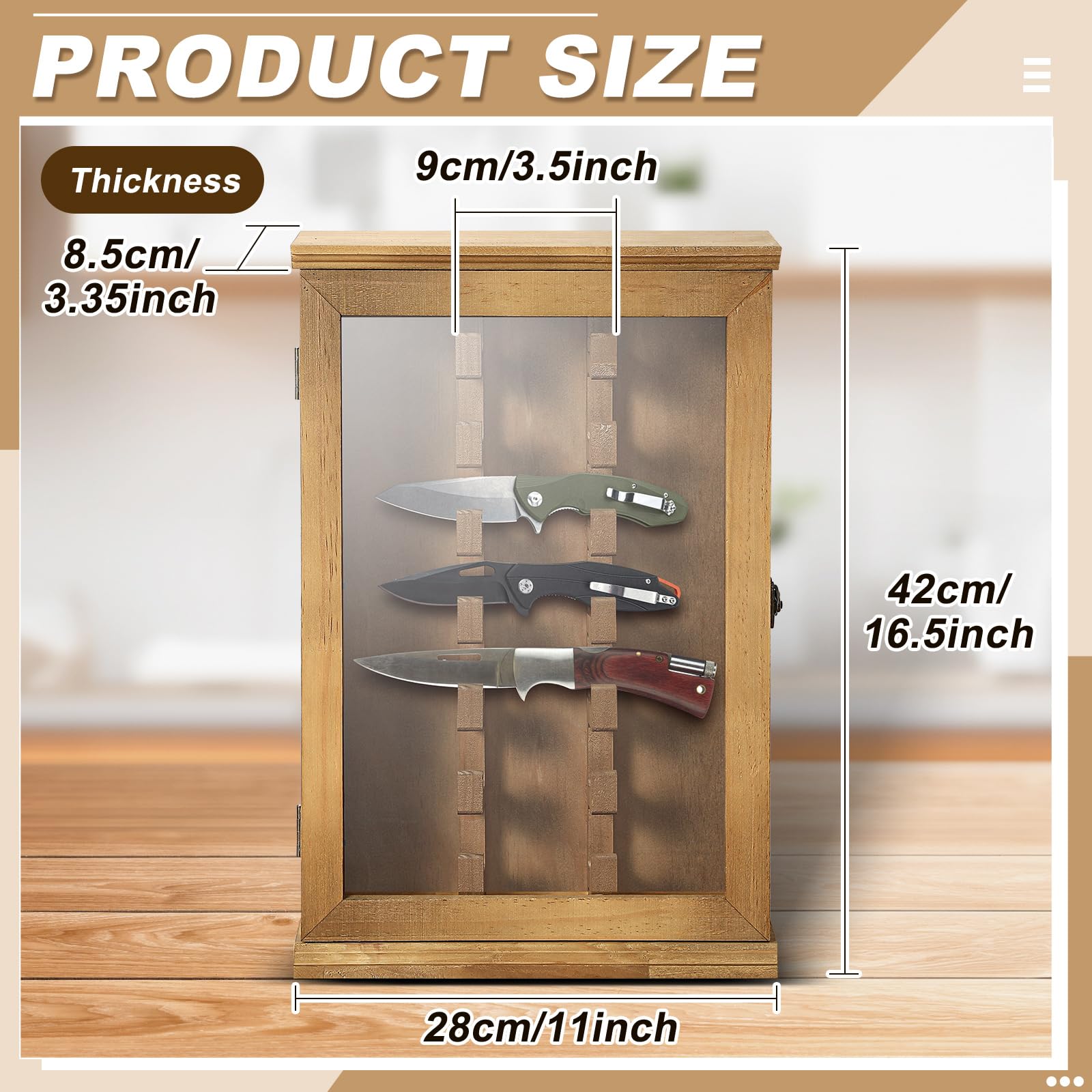 GlikCeil Pocket Knife Display Case with Lockable Clear Acrylic Door, Wall Mount Wooden Knife Display Stand, Knife Holder Display Cases for Collection, Storage, Military Folding Knife Shelf Shadow Box
