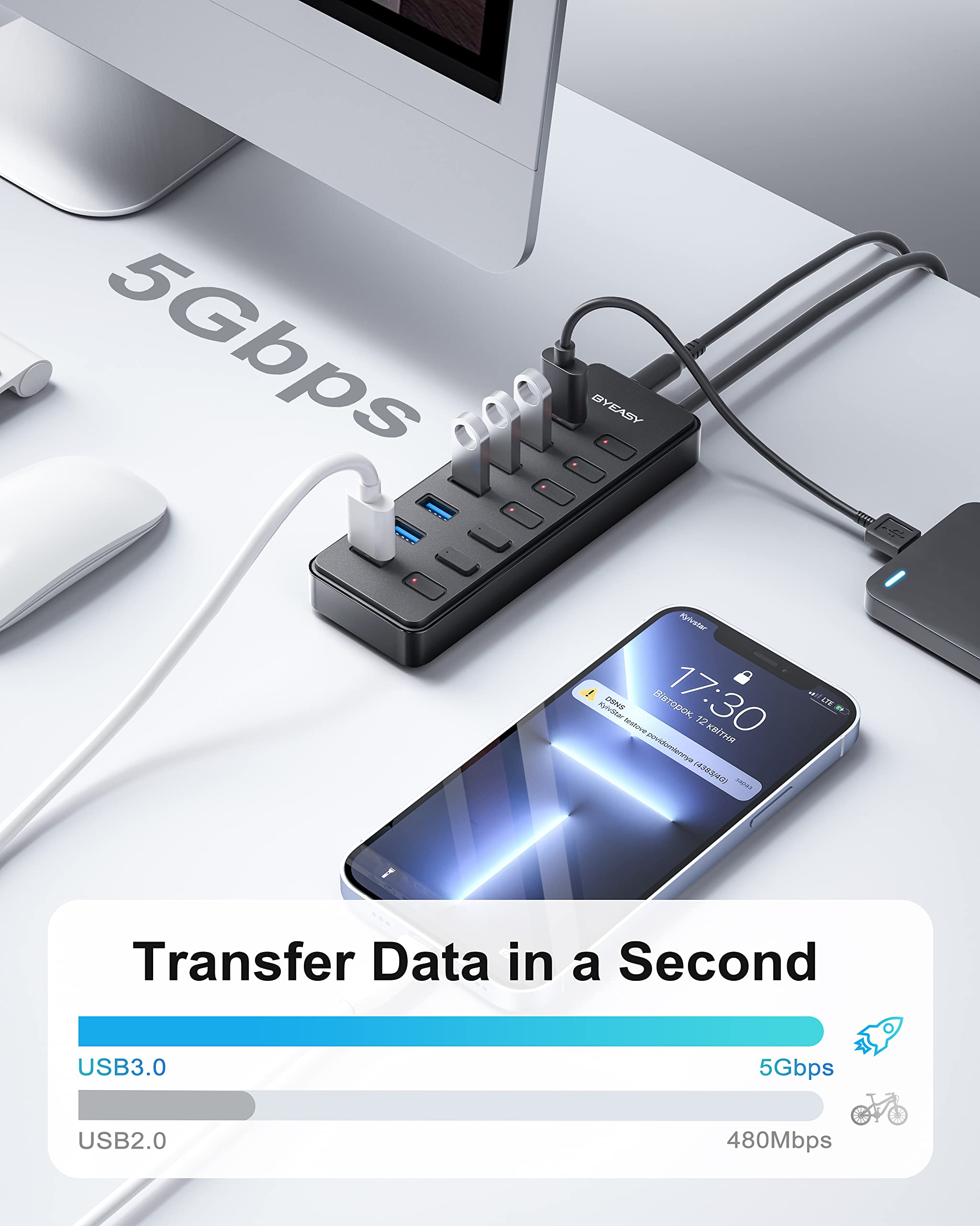 BYEASY 7 in 1 USB Hub with BC1.2 Smart-Charging Port, Powered USB 3.0 Hub with 5V/3A Power Adapter,USB Data Splitter with Individual Indicator for Notebook Laptop Tablet USB Flash Drives PC