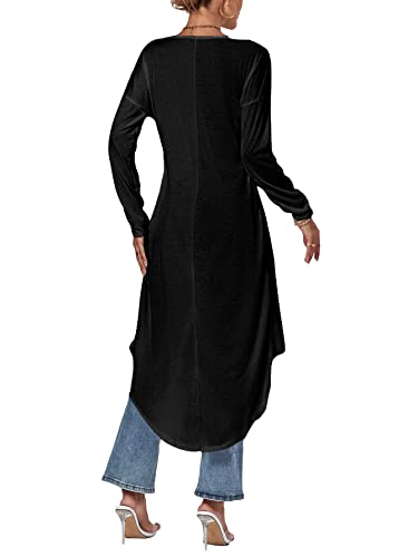 LYANER Women's High Low Long Sleeve Wrap Front Split Hem Long Shirt Blouse Tunic Top Solid Black Large