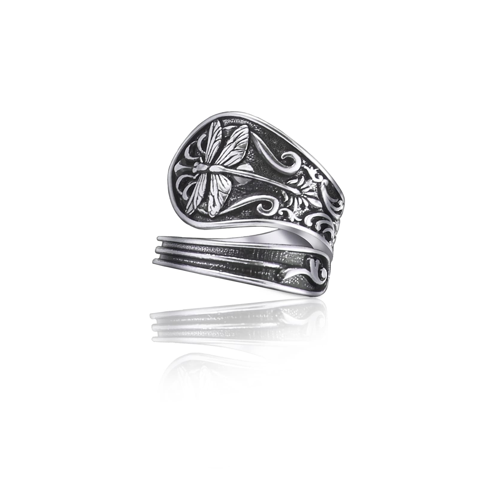 Cawsug Spoon Rings for Women Vintage Silver Boho Statement Dragonfly Adjustable Spoon Ring Thumb Jewelry (silver-1, 9)