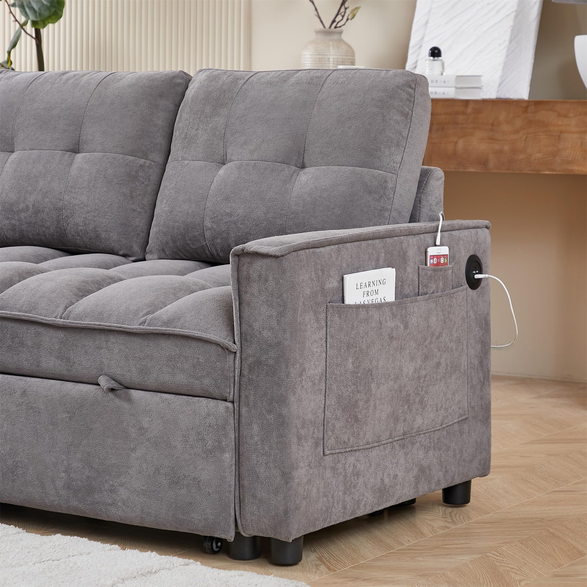 Convertible Chair Bed, 3 in 1 Convertible Sofa Bed Sleeper Sofa with Storage Chaise & Side Pocket, Built-in Charging Station, L-Shaped Couch in Chenille, Pull Out Sofa Bed Couch for Living Room, Beige