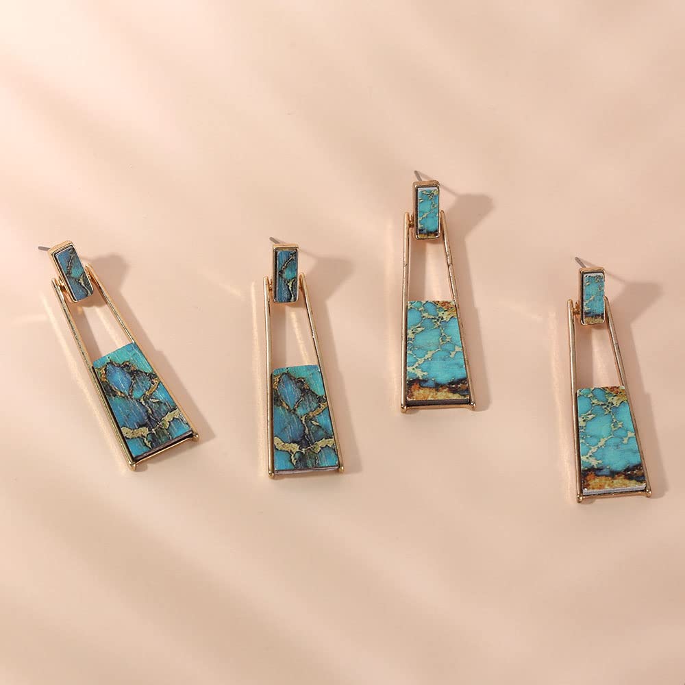 BONALUNA Bohemian Wood And Marble Effect Oblong Shaped yellow-gold-plated-bronze Drop Statement Earrings (TURQUOISE)