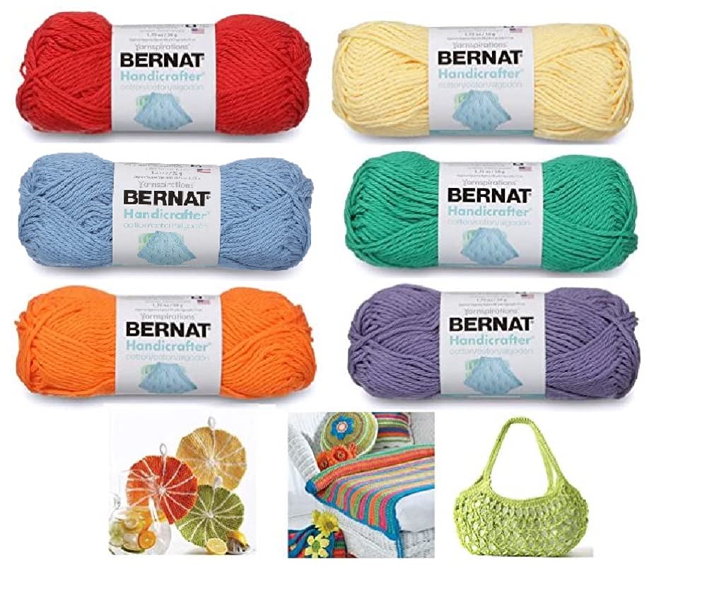 Bernat Handicrafter Cotton Solids Yarn, 1.75 oz, Gauge 4 Medium, 100% Cotton, 6-Pack Hot Purple, Red, French Blue, Hot Orange, Pale Yellow, Emerald with 3 Color Patterns