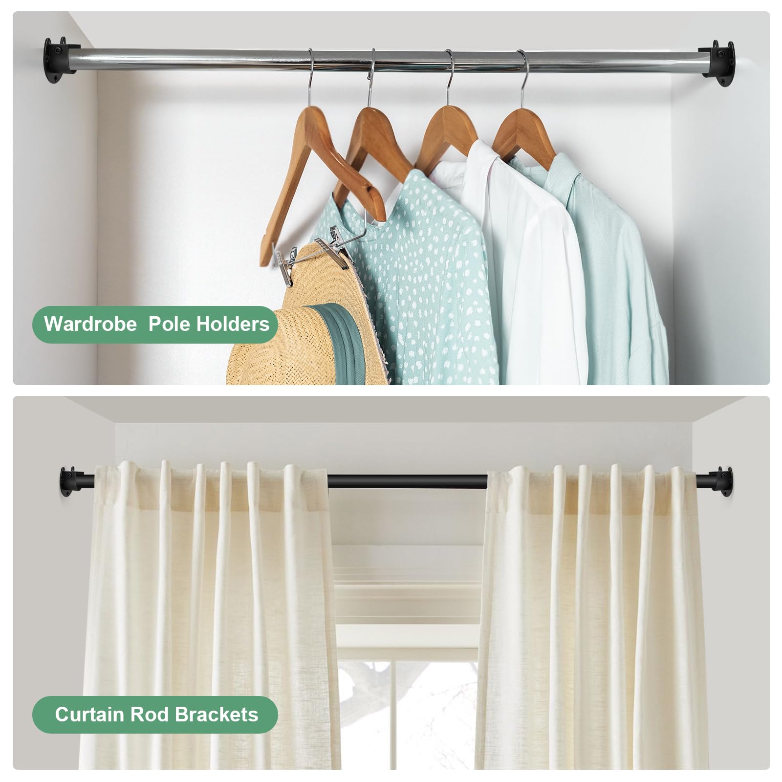 Closet Rod Bracket, Heavy Duty Closet Rod Holders, Stainless Steel, 1 Inch Closet Rod End Support U Shaped Wardrobe Brackets Closet Pole Socket with Screws, Black