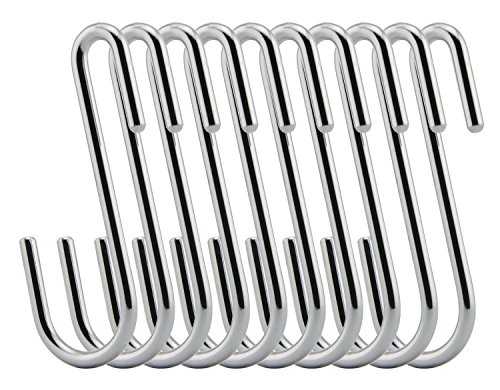 RuiLing Chrome Finish Steel S hook Cookware Universal Pot Rack Hooks Sturdy Hanging Hooks - Multiple uses for Kitchenware, Pots, Utensils, Plants, Towels - Set of 10