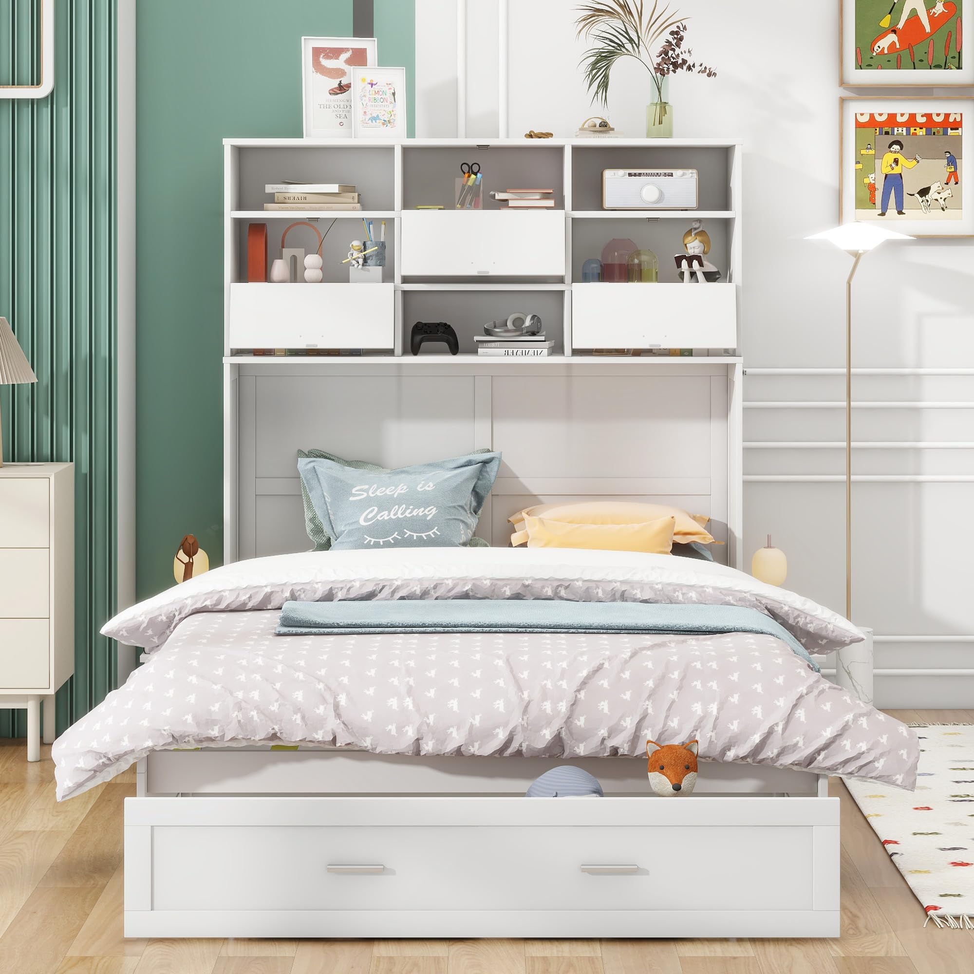 BIADNBZ Queen Size Murphy Bed, Space-Saving Wall Cabinet Beds with Bookcase Storage, Bedside Shelves and a Big Drawer for Guest Room Home, White
