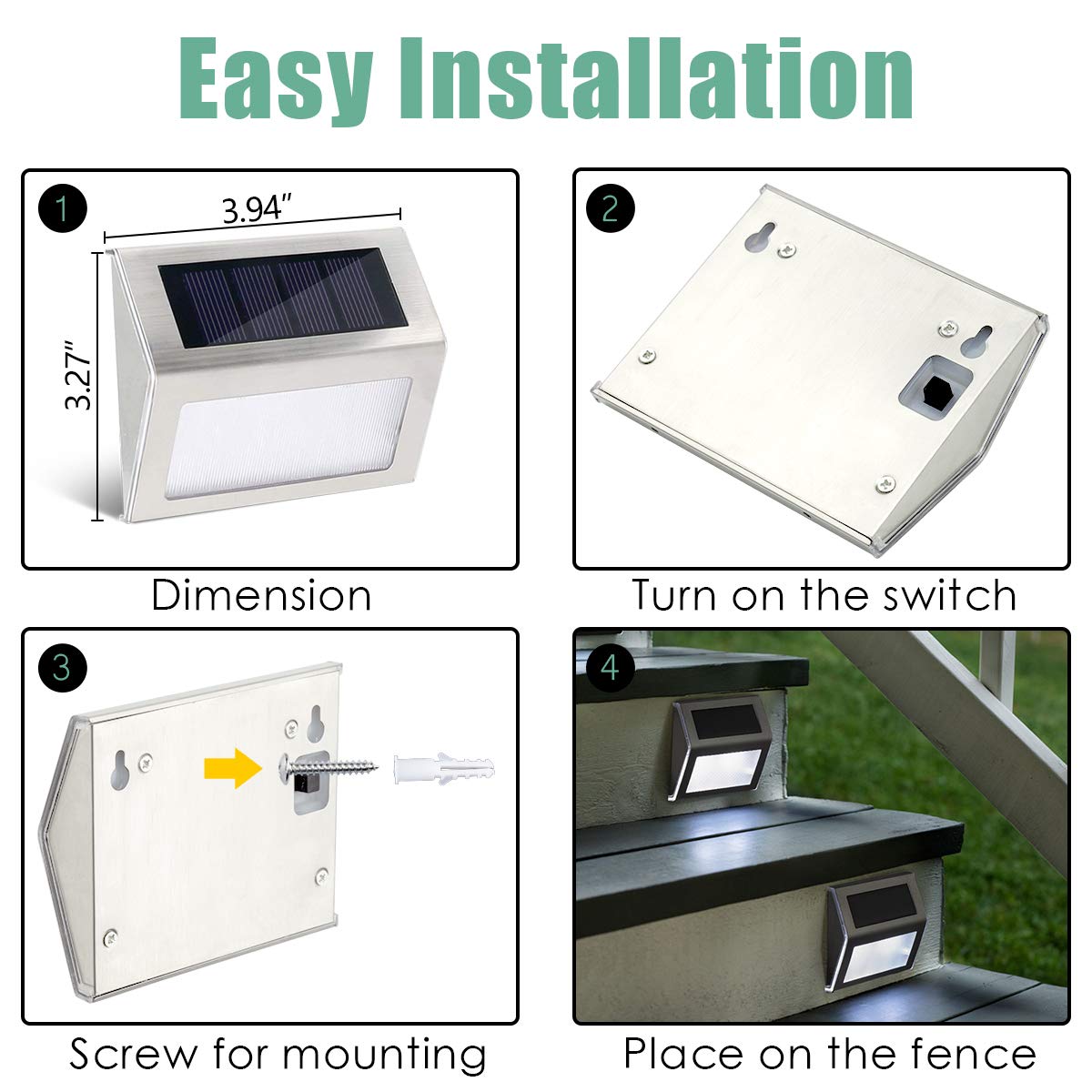 GIGALUMI 6 Pack Solar Step Deck Lights, Stainless Steel Waterproof Led Solar Lamp for Outdoor, Pathway Yard Stairs Fences. (White)