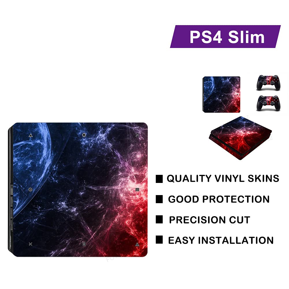 FOTTCZ Full Body Red and Blue Cosmic Nebular Protective Vinyl Skin Decal for PS4 Slim Console and 2PCS Controller Skins Stickers