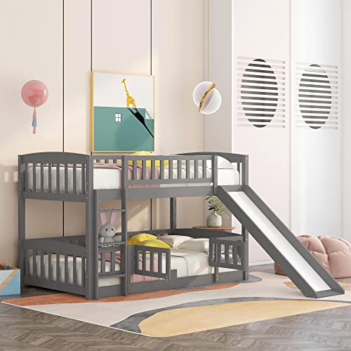 BIADNBZ Twin Over Twin Bunk Bed with Slide, Fence and Ladder, Solid Wood Low Bunkbed Bedframe for Kids Boys Girls Bedroom, Gray