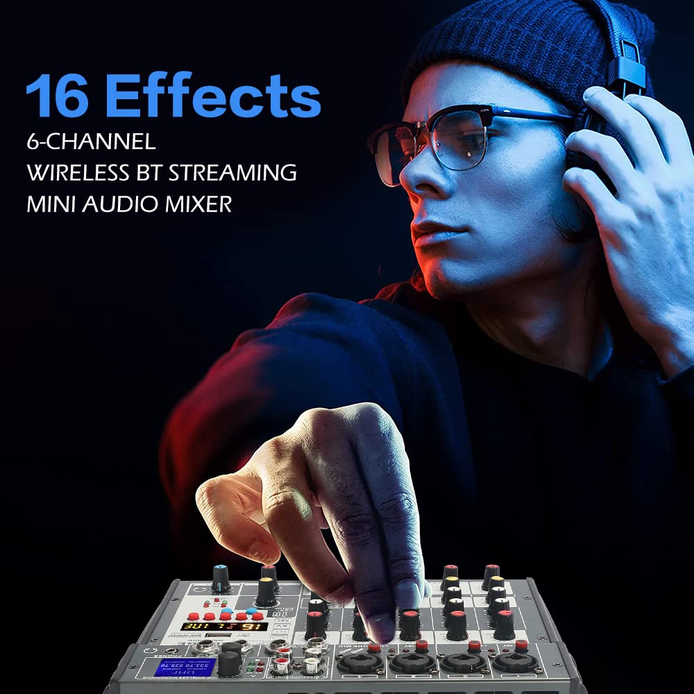 BOMGE 6 channel Audio DJ Console Mixer with Dua UHF Wireless Microphone,USB, Bluetooth, 48V phantom,16 Echo/Delay for Home Studio Recording DJ Network Live Karaoke PC Guitar