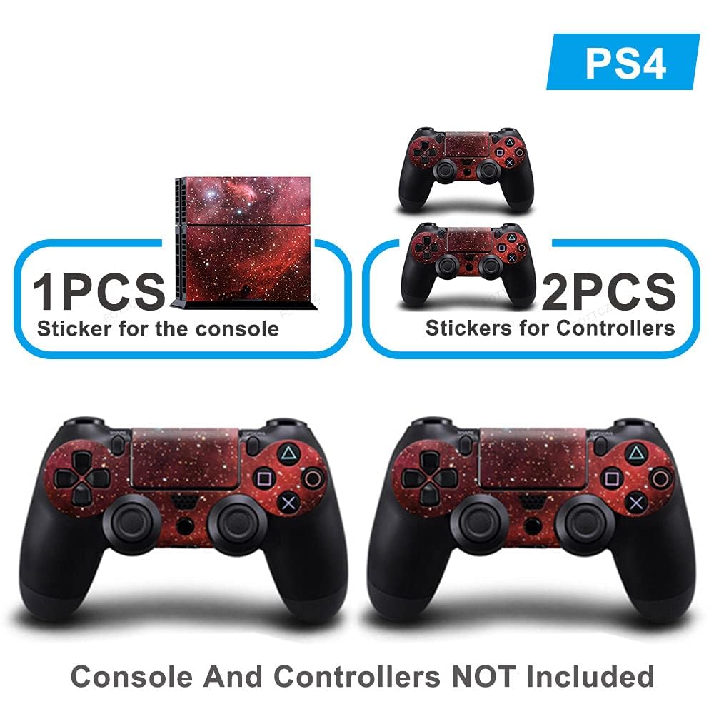 FOTTCZ Whole Body Vinyl Skin Sticker Decal Cover for PS4 Console and 2PCS Controllers Skins Red Nebula